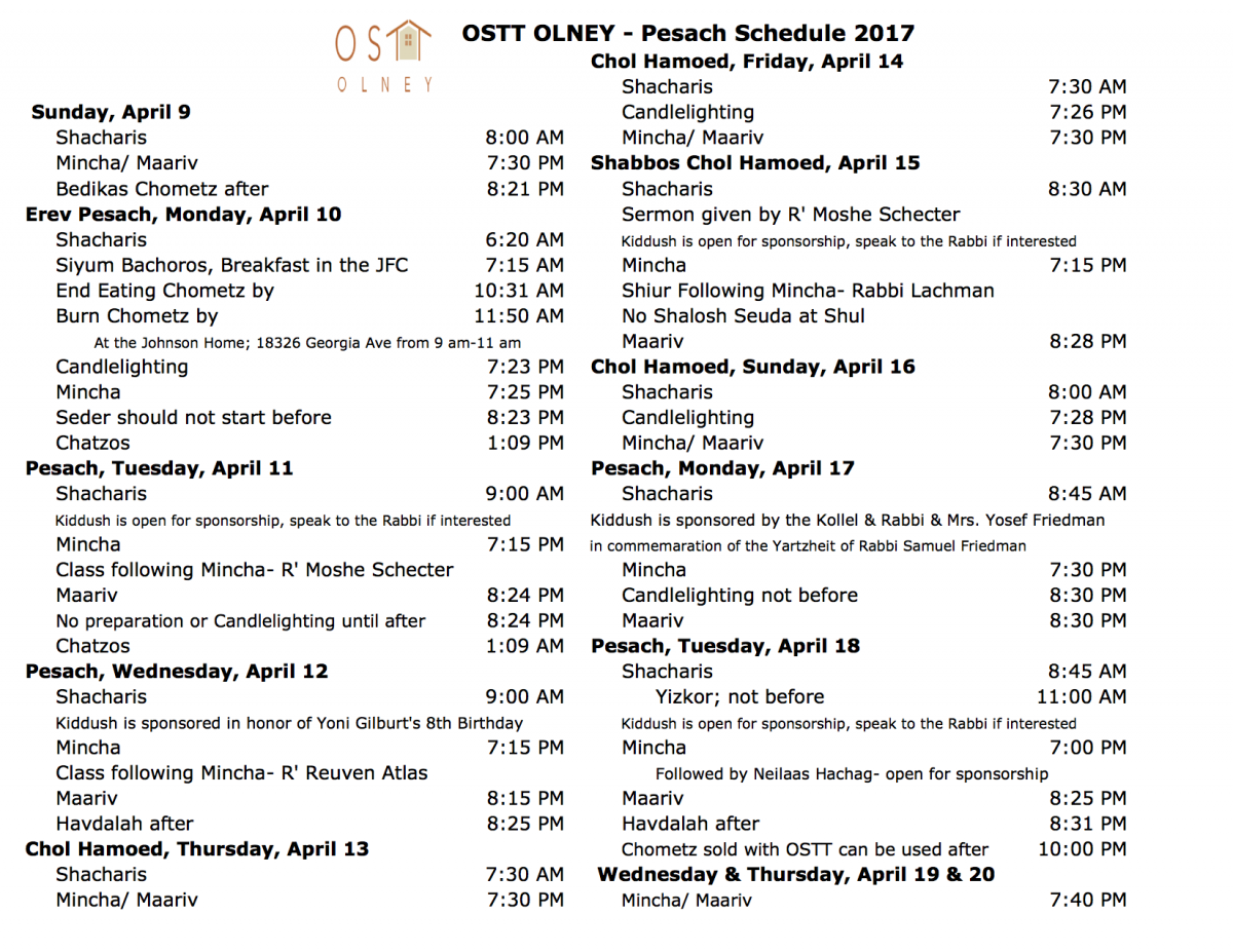 Pesach Schedule 2017 | OSTT Olney